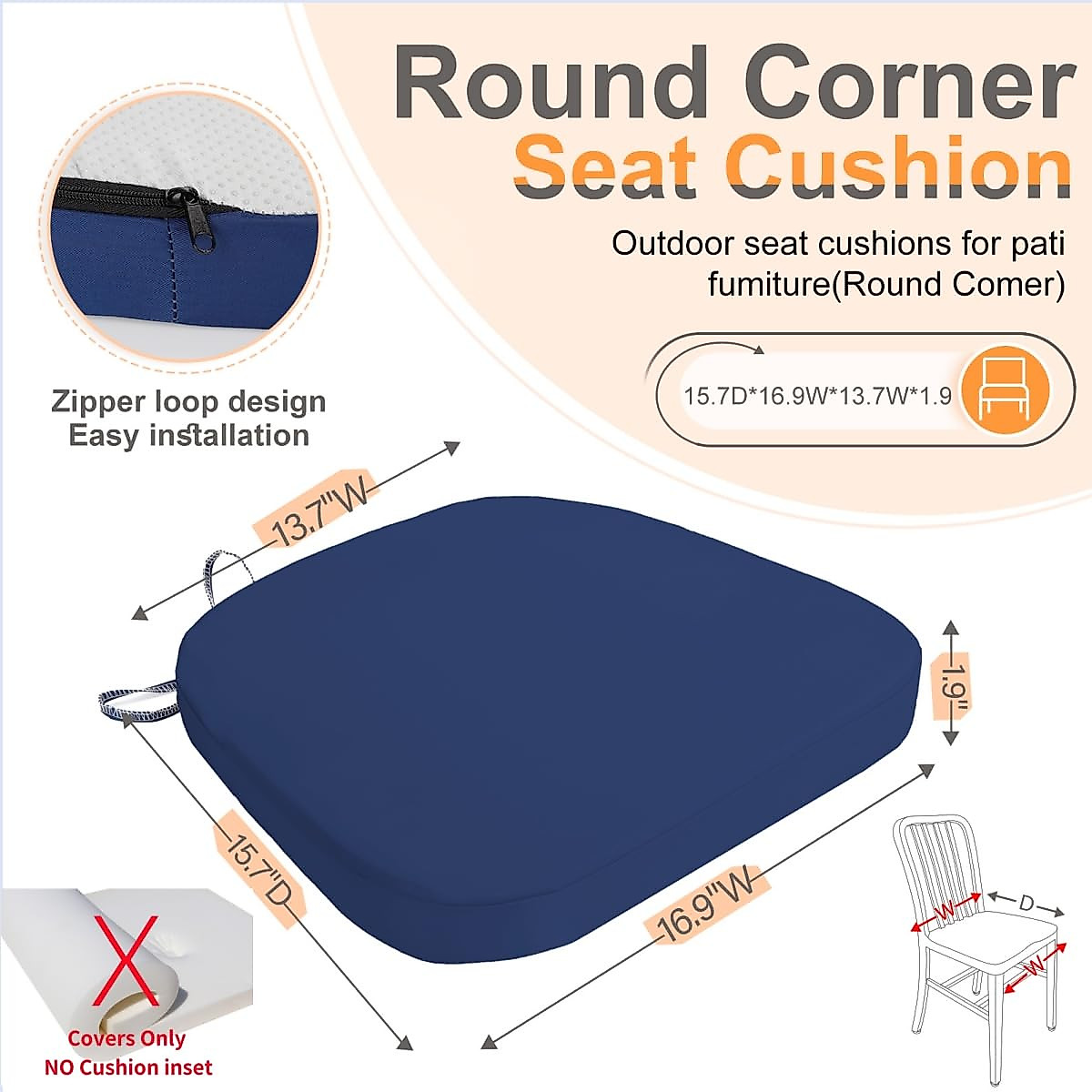 Outdoor Removable Replaceable Waterproof Seat Cushion Covers 17x16x2 Set of 4 for Patio Dining Chairs or Furniture,Non-slip rounded corners on the bottom,3 years anti-fading (Foam Not Included)