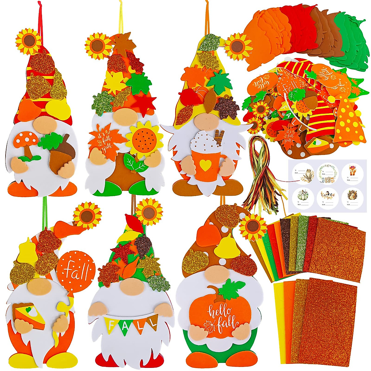 Winlyn 24 Sets Fall Craft Kits DIY Fall Gnome Ornaments Decorations Art Sets Fall Leaf Pumpkin Sunflower Foam Stickers Arts and Crafts for Kids Autumn Halloween Thanksgiving Activity Art Project