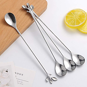 Long Handle Iced Tea Spoons Set of 6, Comicfs 7.6" Ice Cream Spoon, Creative Silver Leaf Cocktail Stirring Spoons, Premium Food Grade Stainless Steel, Mirror Finish & Dishwasher Safe (6 Pcs, Silver)