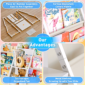 Kids Bookshelf Toy Storage Organizer - Book Shelf for Kids Rooms, 2 Sides Kids Bookcase with 3 Tired Kids Toy Storage Organizer, White Toddler Baby Bookshelf Book Shelves for Bedroom Nursery Playroom