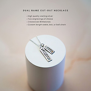 AJ's Collection Personalized Rectangle Double Open Name Sterling Silver Necklace With Birthstone Setting. Customize a Name Charm. Sterling Silver Cable Chain. Gift For Her and All Occasions