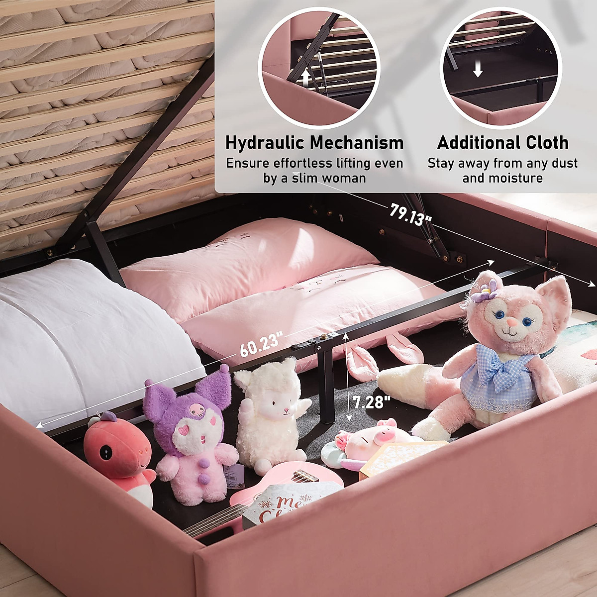 Zanmintaobo Lift Up Storage Bed Full Size, Upholstered Platform Bed with Hydraulic Storage System & Wood Slats Support, Full Bed Frame with Headboard, No Box Spring Needed, Easy Assembly, Pink