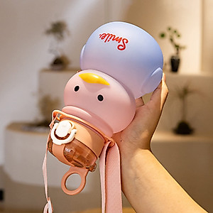 ZTGD Cute Water Bottle 650ml for Student,Lady,Kid,Kawaii Leakproof Duck Water Cup with Straw Lock Design Suspender One Key Open and Transparent Lid Pink