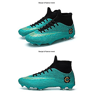 Men's Soccer Cleats Football Shoes Lightweight High-Tops Lace-Up Non-Slip Spikes Green EU 40