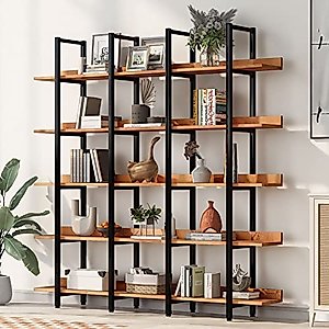 GNIXUU Triple Wide 5-Tier Bookshelf, Large Open Bookcase, Vintage Industrial Style Book Shelf Wood and Metal Etagere Bookshelves Display Shelves for Home Office Decor(Rustic Black+Brown)
