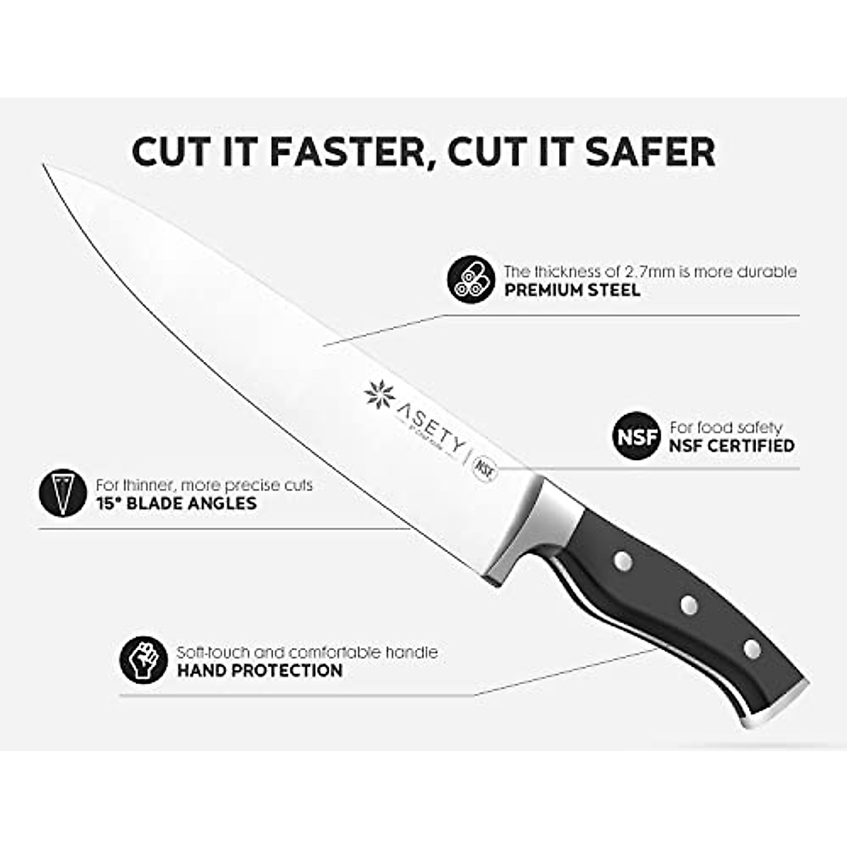 ASETY Kitchen Knife Professional Chef Knife Set 3 Piece, Ultra Sharp German Stainless Steel Knife and Finger Guard, Ergonomic Handle Knives for Kitchen NSF Food-Safe, Gifts for Women I Men