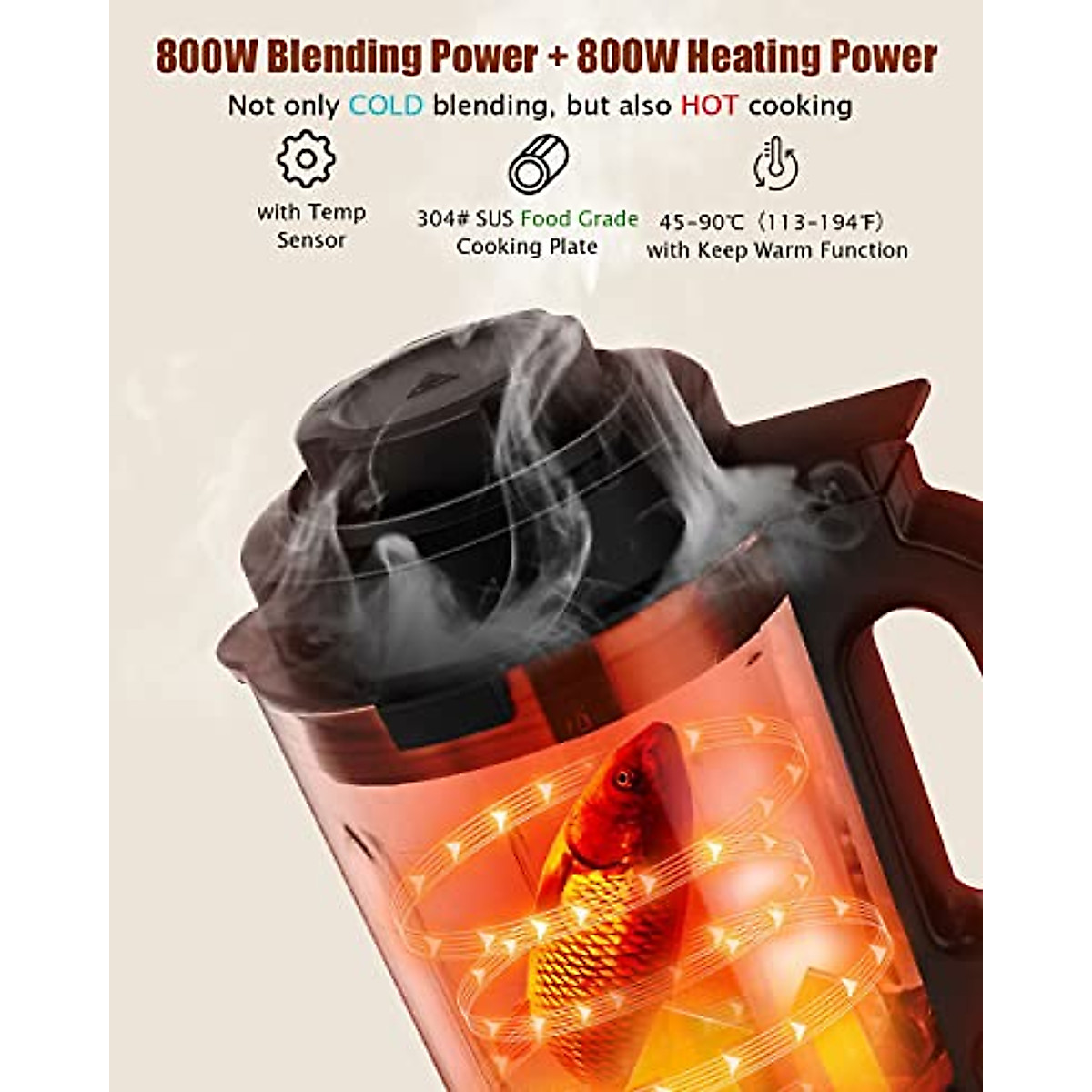 Moongiantgo Professional Cooking Blender for Kitchen Hot Cold with 8 Presets, 59Oz Glass Jar, 58000RPM High Speed Quiet for Smoothie Shake, Khaki 110V