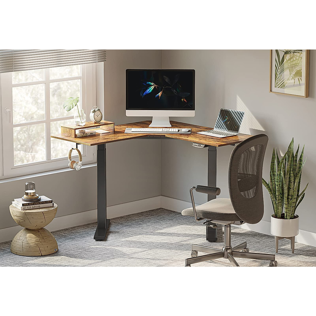 BANTI Dual Motor L-Shaped Electric Standing Desk, 48 Inches Adjustable Height Stand Up Desk, Sit Stand Home Office Desk with Rustic Brown Top/Black Frame