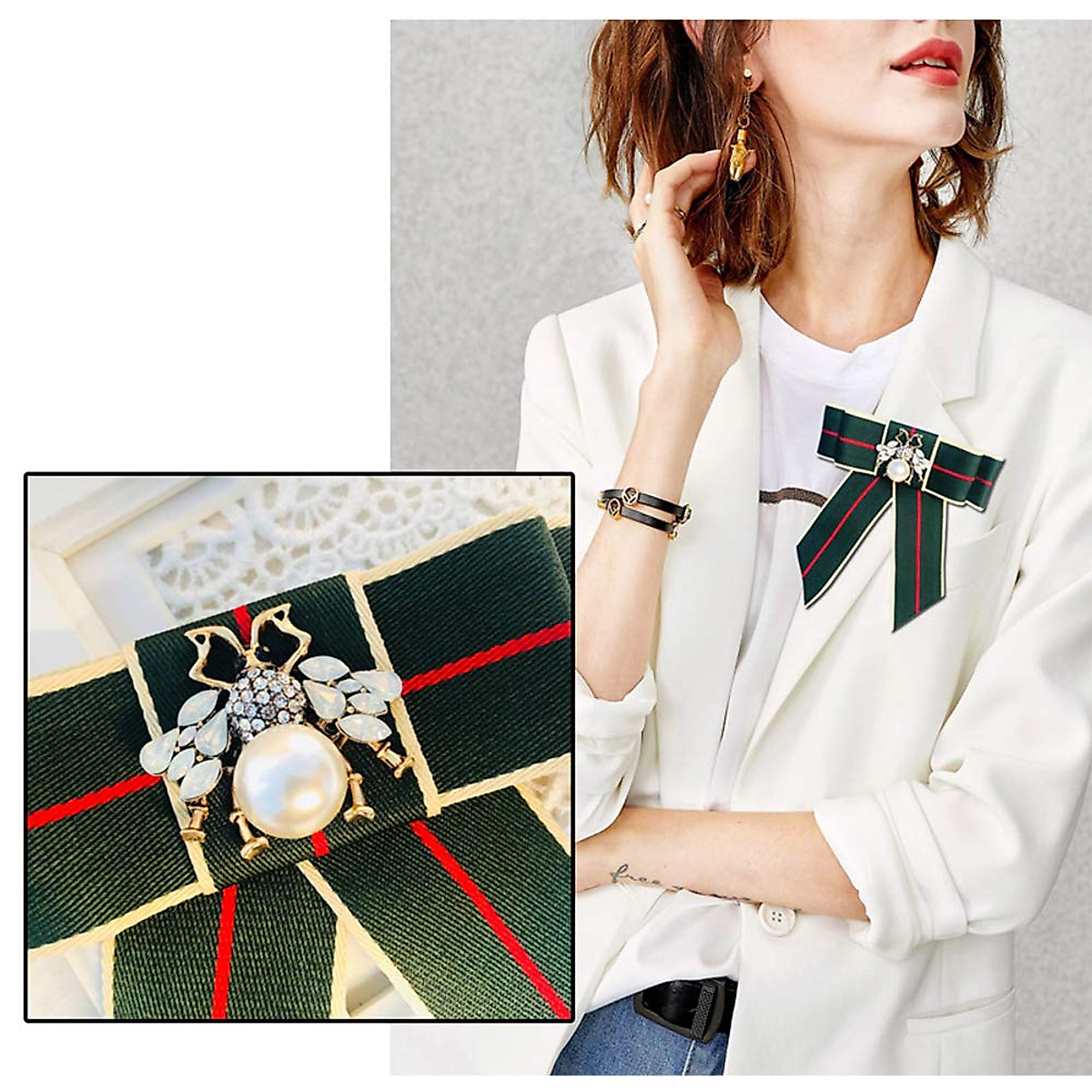 Vpang Crystal Bee Bow Brooch Pre-Tied Neck Tie Brooch Pin Striped Bow Tie for Women Wedding Party Bow Tie (Green)