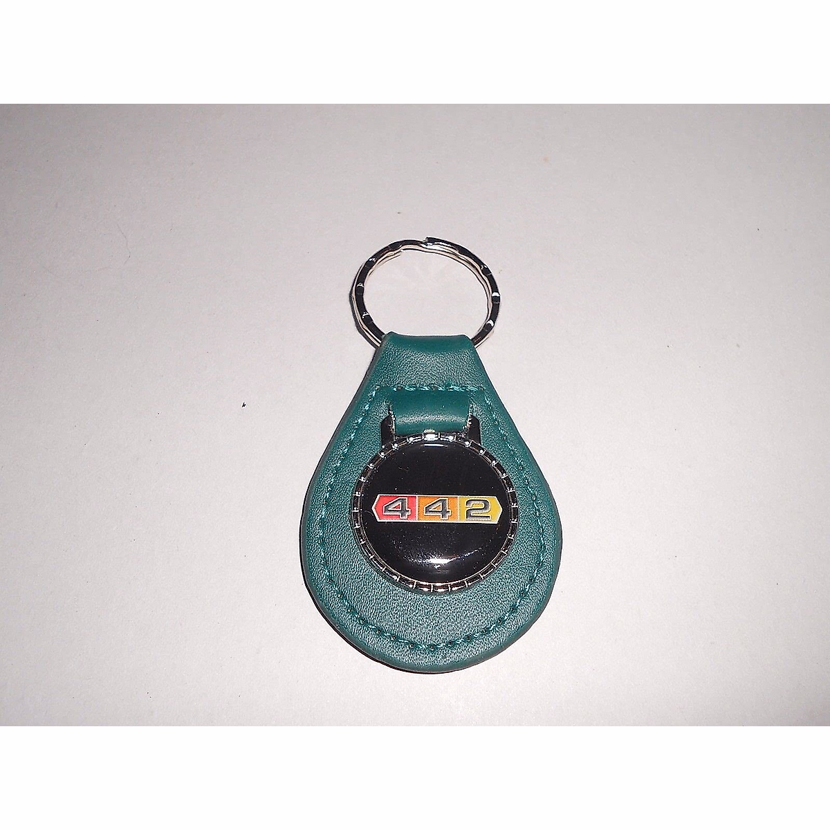 1965 1966 1967 1968 OLDS 442 4-4-2 TRI COLOR LOGO LEATHER KEYCHAIN - TEAL