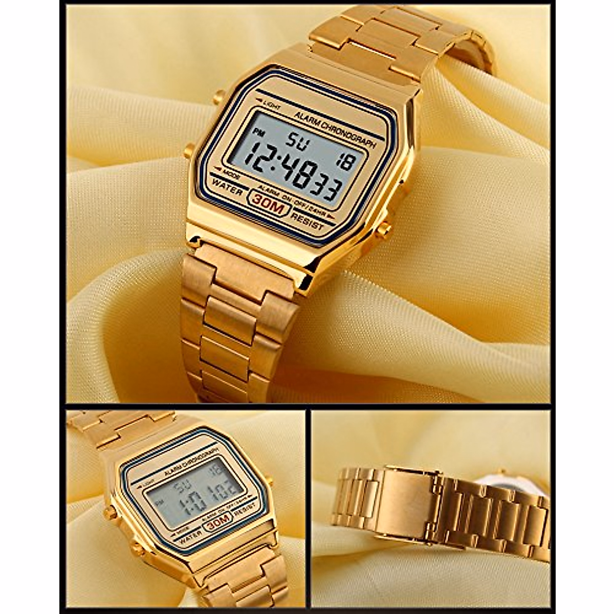 VIGOROSO Men Lady Vintage Retro Gold Stainless Steel Digital Casual Watch Alarm Stopwatch(Gold)
