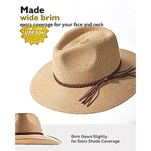 FURTALK Sun Hats for Women Summer Wide Brim UV UPF 50+ Panama Fedora Foldable Packable Straw Beach Hat Khaki