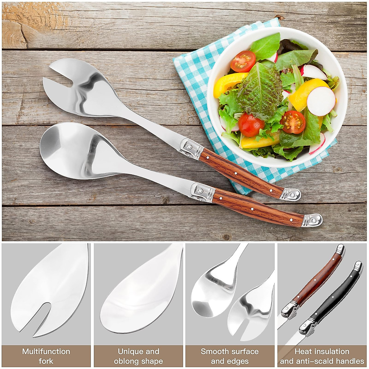 Salad Servers Set - 10" Spoon and Fork Utensils for Serving Salad Stainless Steel - Set of 2 Salad Spoon and Salad Fork Kitchen Salad Tongs (Black)