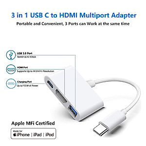USB-C Digital AV Multiport Adapter, Apple MFi Certified Digital AV Dongle with HDMI 4K@60Hz & USB-A 3.0 & 100W Charge for iPhone 15, MacBook Pro Air M1 M2 M3, iPad Pro, iMac, Samsung S24 and More