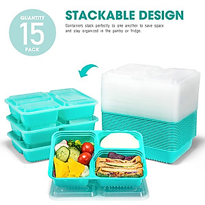 Glotoch Meal Prep Container Reusable, 15 Pack 34oz 3 Compartment To Go Containers for Food Snack, Plastic Divided Food Storage Meal Prep Containers With Lids for Microwave Freezer BPA-Free,Safe,Green