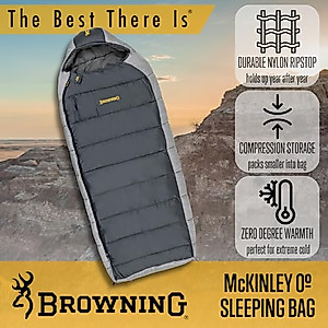 Browning McKinley 0° Sleeping Bag - Oversize Insulated Hooded Rectangle Made with Ripstop Outer and Brushed Polyester Liner, with Compression Stuff Sack, Charcoal/Gray