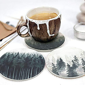 Lahome Forest Pattern Coasters - Round Drinks Absorbent Stone Coaster Set With Ceramic Stone and Cork Base for Kinds of Mugs and Cups (Forest, 4)