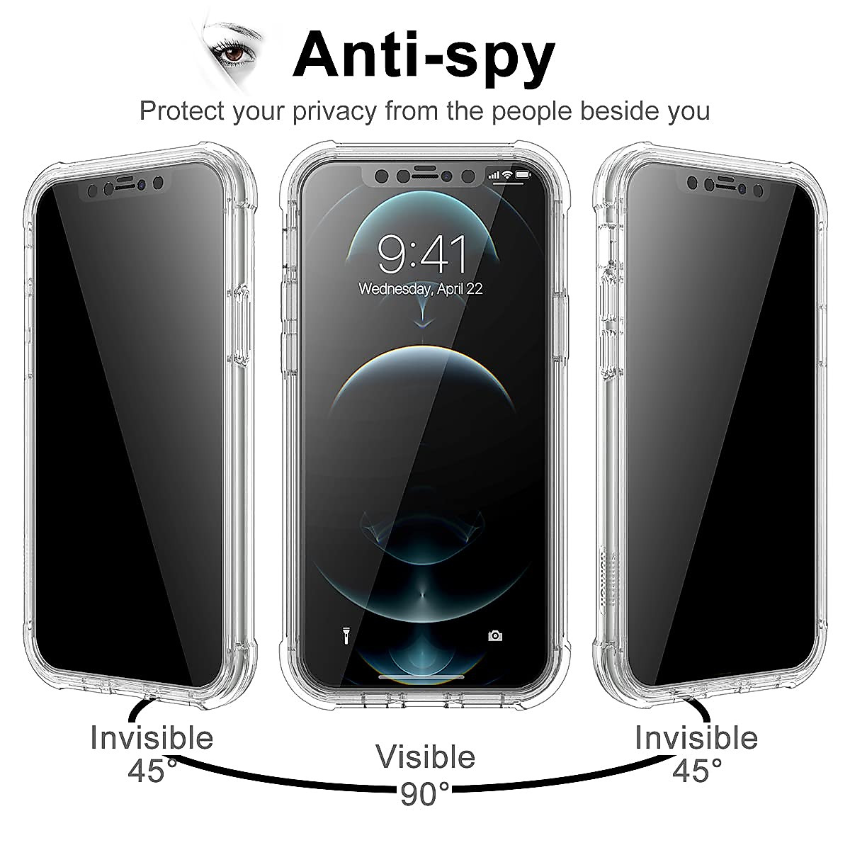 SURITCH Clear Case for iPhone 12 Pro Max (Only) 6.7-inch, [Privacy Screen Protector] Full Body Protective Shockproof Bumper Rugged Phone Cover for iPhone 12 Pro Max -(Clear)