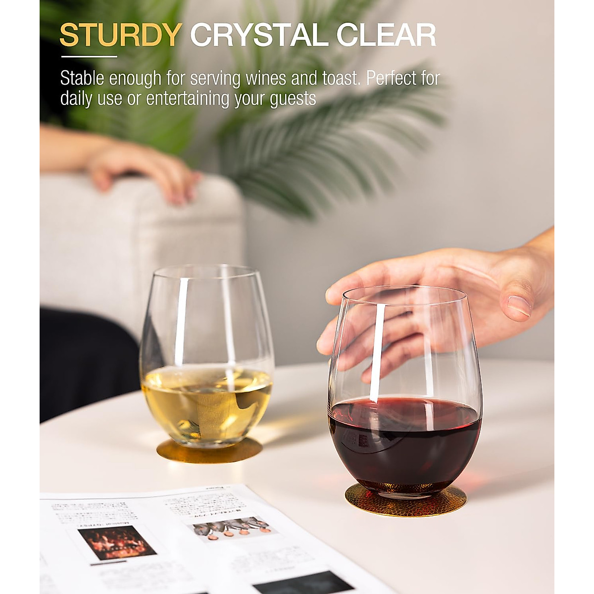 LUNA & MANTHA Stemless Wine Glasses Set of 4, Crystal Red White Wine Glasses for Daily Use, Hosting, Home Bar, Evening Party, Birthdays, Shower, Housewarming Gift - 18oz Clear