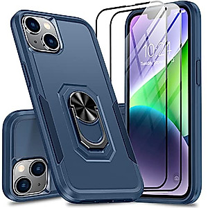 Oterkin for iPhone 14 Case,iPhone 14 Phone Case with[2x9H Glass Screen Protector][360°Rotatable Ring Kickstand],Military Grade Dropproof Shockproof Phone Case for iPhone 14 5G 2022-Blue