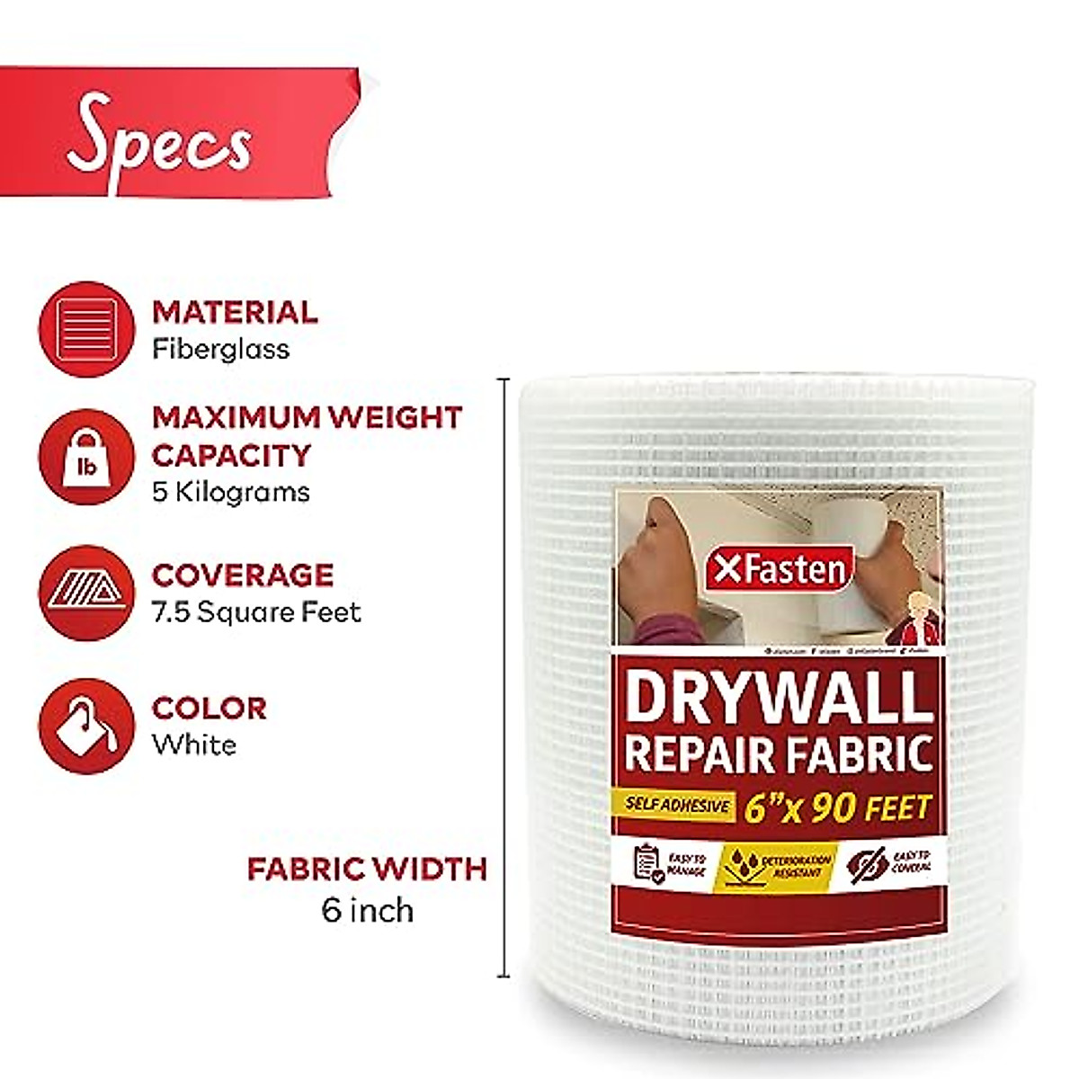 XFasten Drywall Repair Mesh Tape - 6-Inch X 90-Foot Mesh Tape for Drywall Repair, Fiberglass Drywall Patch Hole, Heavy Duty Wall Repair Mesh Spackle Tape, Wall Crack and Seam Repair Joint Tape