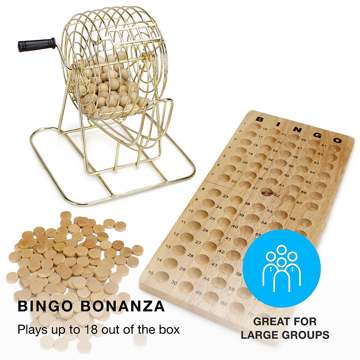 Royal Bingo Supplies Bingo Game Set for Adults, Seniors, and Family - 18 Cards 150 Chips 75 Balls, Brass Roller Cage and Board - Vintage Set