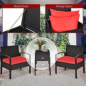 Tangkula 3 Pieces Patio Wicker Conversation Set, Outdoor Rattan Furniture with Washable Thick Cushion & Coffee Table w/Storage Space, Patio Furniture Set for Backyard Porch Garden Poolside (Red)