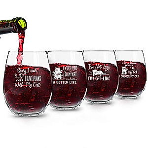 Funny Cat Stemless Wine Glasses Set of 4 | Hilarious Cat Gift Idea for Women, Pet Owners and Wine Lovers | 15 oz. Funny Cat Wine Glass with Cute Messages | Dishwasher Safe | Made in USA