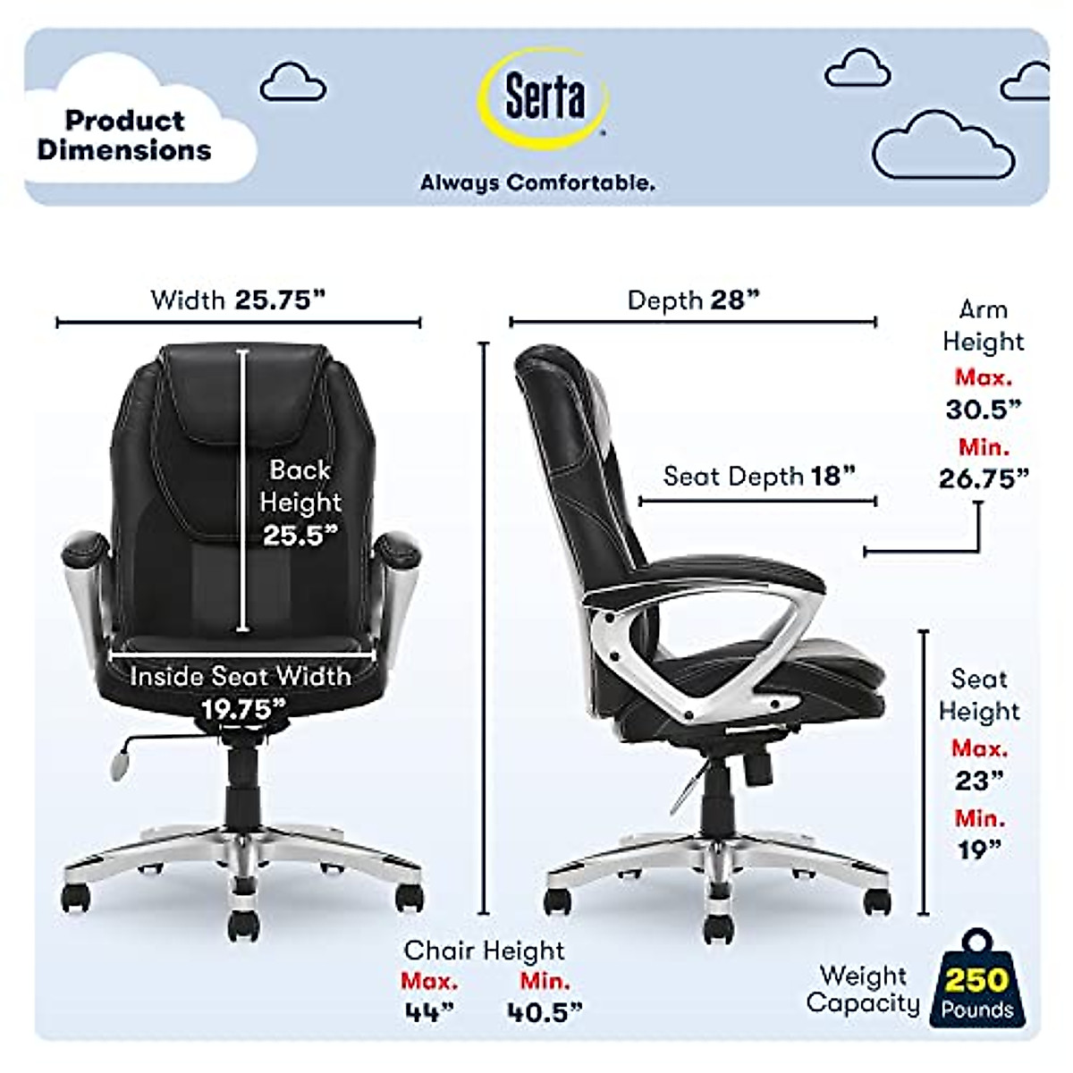Serta Executive Office Padded Arms, Adjustable Ergonomic Gaming Desk Chair with Lumbar Support, Faux Leather and Mesh, Black