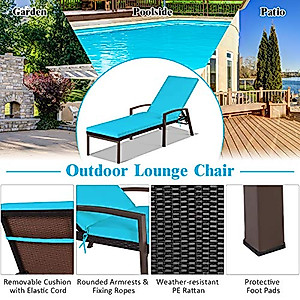 Tangkula 2 PCS Patio Rattan Chaise Lounge Chair, Outdoor Reclining Chaise with Cushion and Armrest, Wicker Sun Lounger with Adjustable Backrest for Garden, Balcony, Poolside (Turquoise)