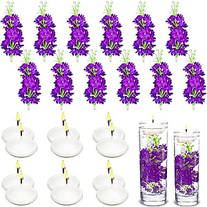 24 Set Artificial Faux Flowers for Floating Candles Centerpiece 12 Unscented Floating Candles and 12 Flower Vase Filler Table Centerpiece for Wedding Party Table Home Decor (Purple)