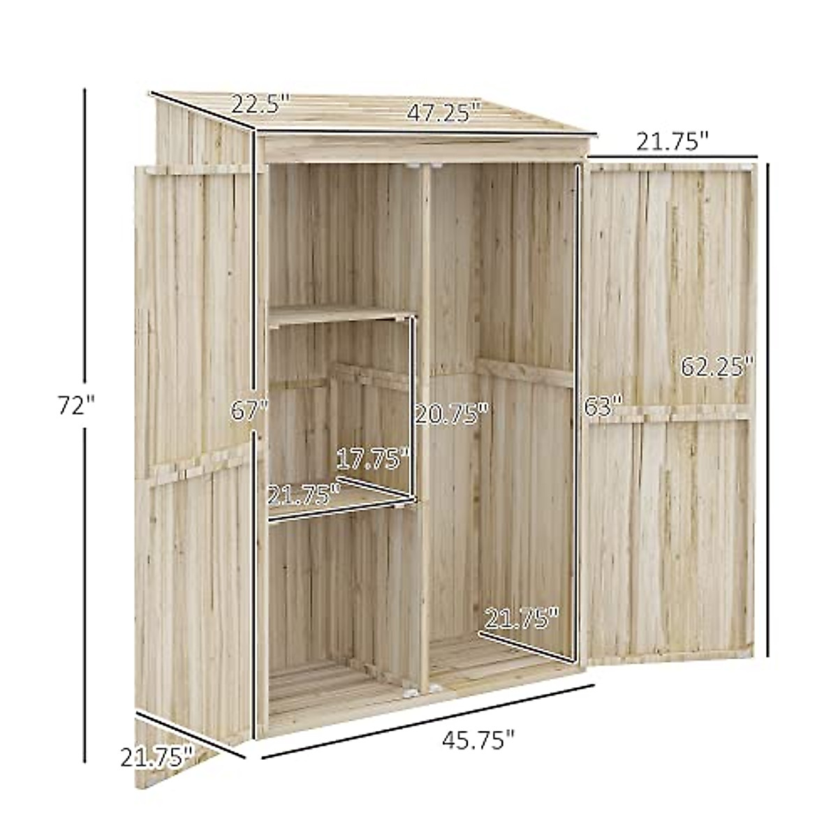 Outsunny Outdoor Storage Cabinet with 3 Shelves, Wooden Garden Shed with Magnetic Double Doors, Tall Vertical Tool Storage for Lawn Care Equipment, 47.25" x 22.5" x 72", Natural