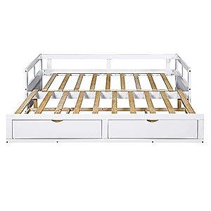 YSWH Pinewood Extending Daybed with Storage Drawers, Can Be Expanded from Twin Size to King Size, Sofa Bed Frame with Safety Guardrails, for Kids Teens (White)