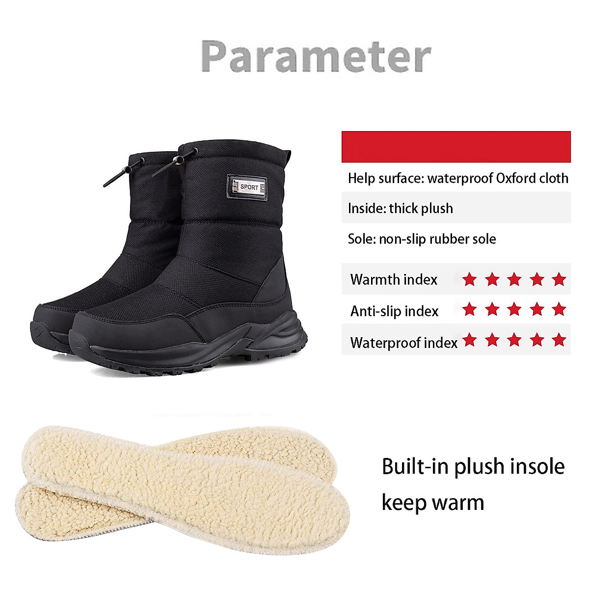 TDHLW Snow Boots Men Women Waterproof Hiking Boots Winter Boots Warm Lined Hiking Boots Non-Slip Trekking Hiking Boots Side Zip Warm Ankle Boots Men,Black,46