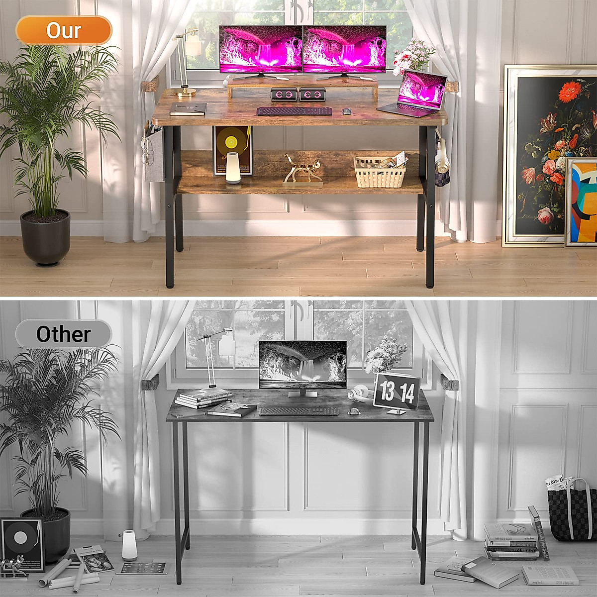 55 Inch Computer Desk, Desk with Monitor Stand, 55.2'' Office Laptop Table with Bookshelves, Study Writing Desk with Storage Bag and Hooks, Sturdy Desk for Home Office Workstation, Rustic