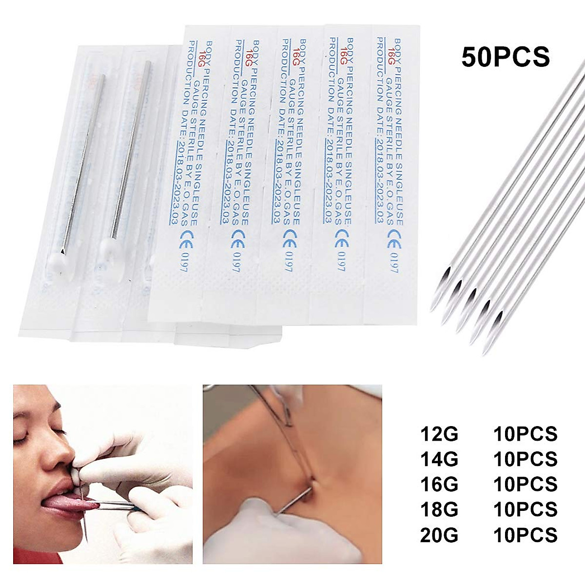 Ear Nose Piercing Needles - 50pcs Mix body piercing needles 12g.14g.16g.18g.20g Individualized Package for Piercing Needle Supplies Piercing Kit