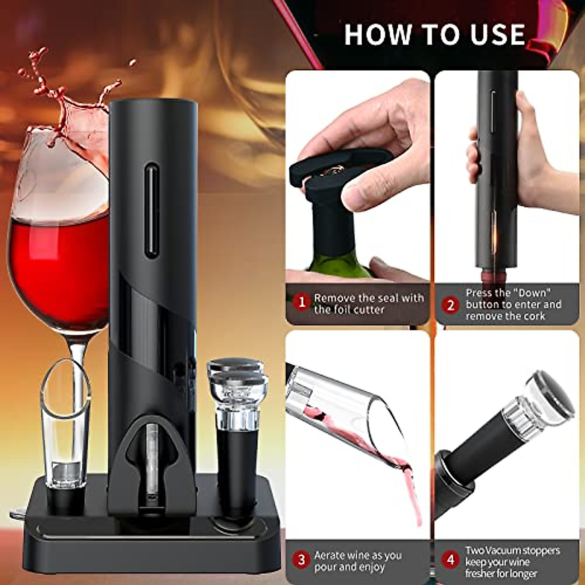 Electric Wine Opener Set, Automatic Corkscrew Opener Kit, Battery Operated Openers for Wine Bottles with Foil Cutter, Wine Aerator Pourer, Vacuum Stoppers. 5-in-1 multifunctional wine accessories
