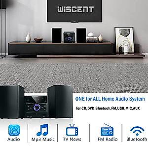 WISCENT Stereo Shelf System for Home with Bluetooth, CD Player, FM Radio, Mini Stereo DVD Player, USB MP3 Playback, AUX ,Mic, Headphone Jack, 30W Home Stereo (Compact Micro HiFi CD DVD Player)