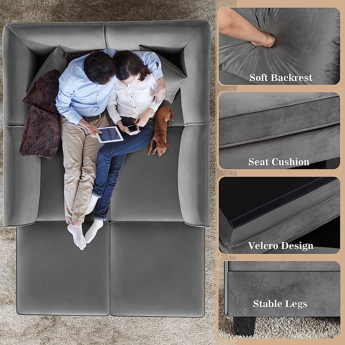 Vongrasig 6 Pieces Sectional Couch Modular Sofa with Reversible Chaise 116" Velvet U-Shaped Couch Sofa 6-seat Modular Large Sectional Couch with Ottoman for Living Room, Upholstered Cushion (Grey)