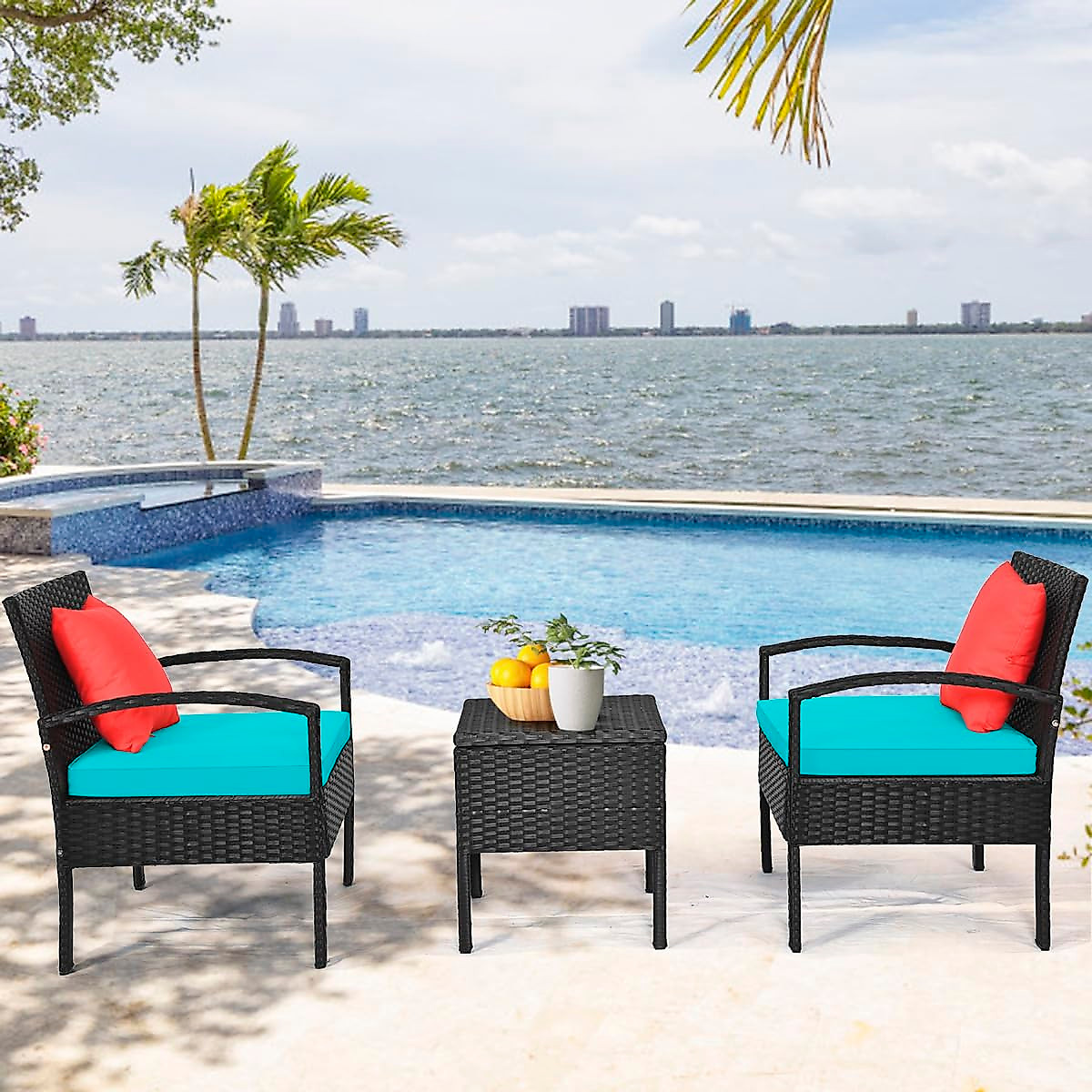 DORTALA 3 Piece Wicker Patio Furniture Set, Outdoor Conversation Bistro Sets with Rattan Chairs & Storage Table for Backyard Porch Garden Poolside, Turquoise