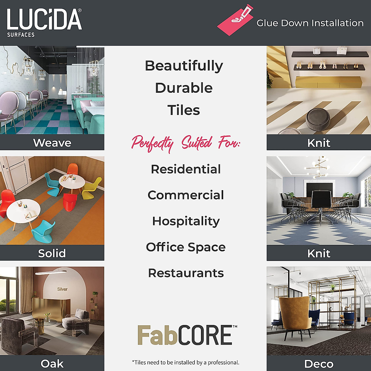 Lucida Surfaces Luxury Vinyl Floor Tiles | Glue Down Adhesive Flooring | Textured Look Plank | FabCore Streaked Carpet | Single Sample Tile