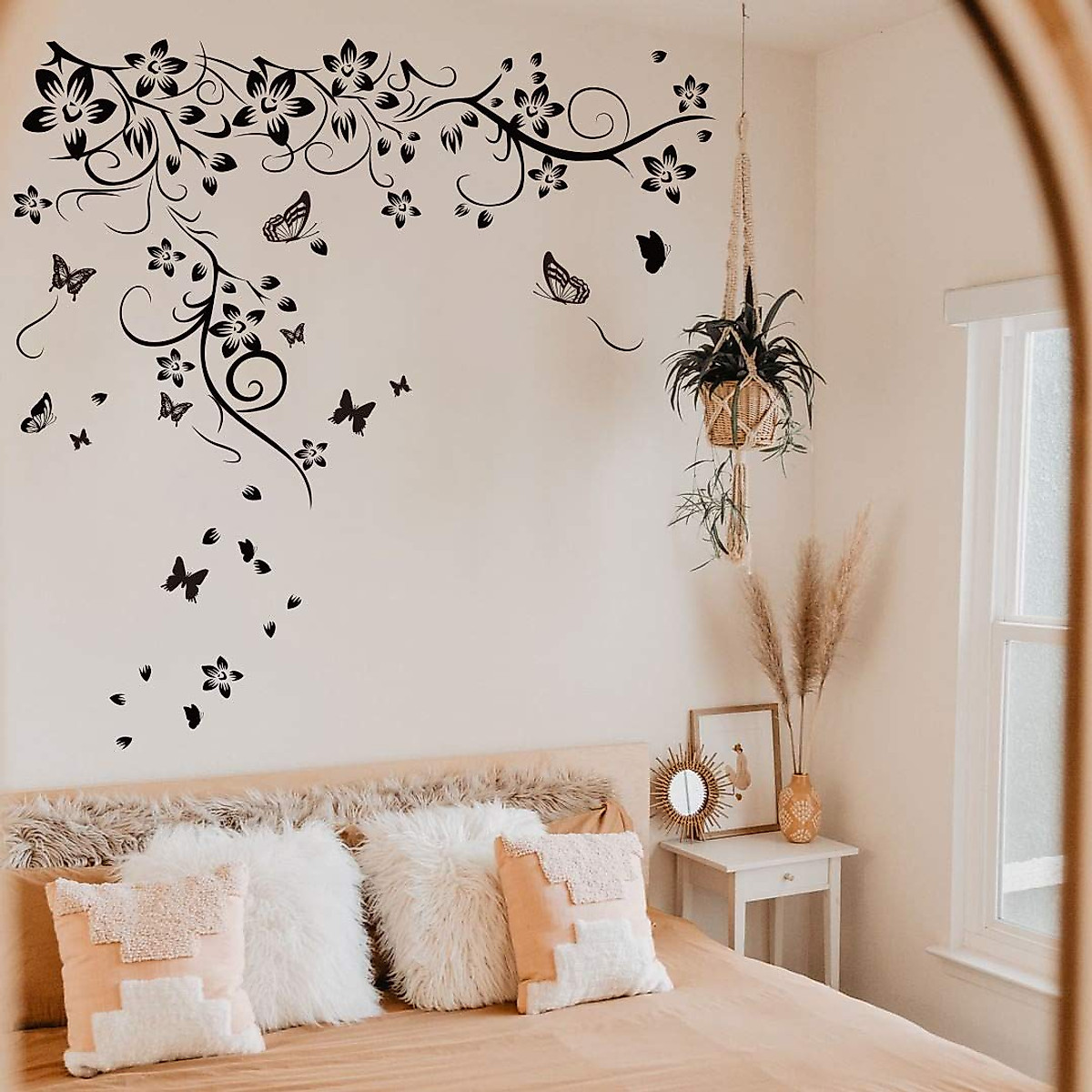 Runtoo Black Flowers Vine Wall Decal Floral Butterfly Wall Stickers Living Room Bedroom Wall Decor