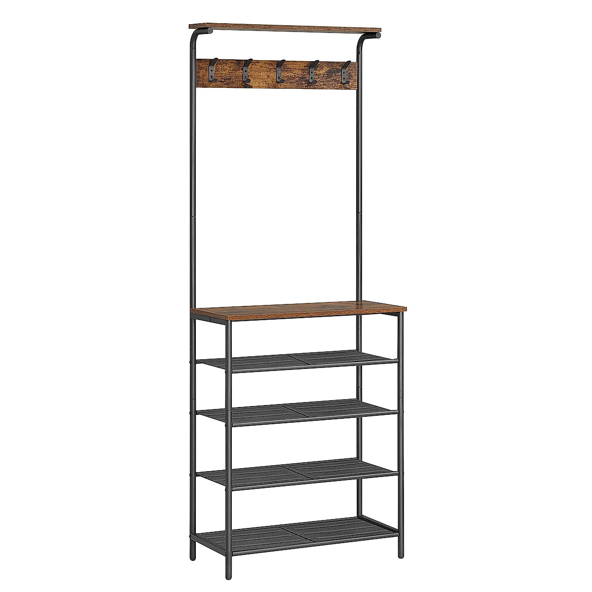 VASAGLE Hall Tree with Shoe Bench, Coat Rack Shoe Bench, 5-Tier Shoe Rack Different Heights, 5 Dual Hooks, Top Shelf, Entryway Organizer, Hallway Bedroom Dorm, Rustic Brown and Black UHSR412B01