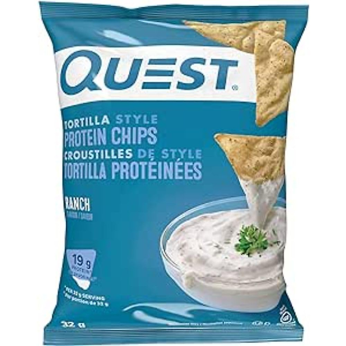 Quest Nutrition Protein Tortilla Chips, Ranch, 19g Protein, 4g Net Carbs, 140 Calories, Low Carb, Gluten Free, Soy Free, Potato Free, Baked, 1.2oz Bag, Single Sample