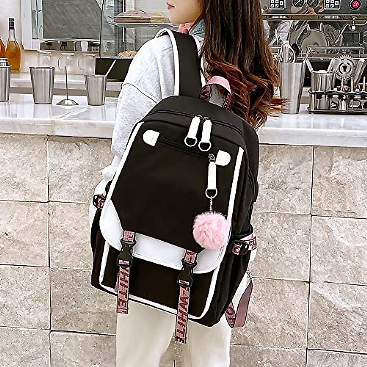 Kawaii Contrast Backpacks for Teen Girls Aesthetic Cute Backpack for Girls College with Usb Port, Cute Backpack with Charging Port (Black 30cm*21cm*44cm)