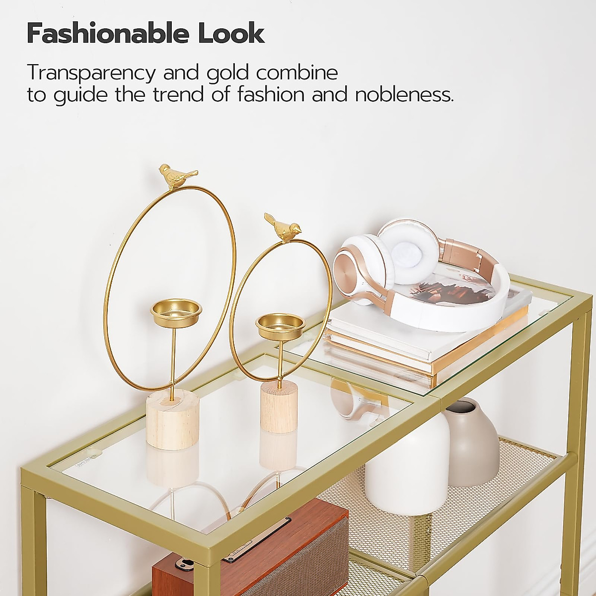 HOOBRO 29.5" Narrow Console Table, 3-Tier Tempered Glass Sofa Table, Small Side Table, Modern Entryway Table, for Entrance, Living Room, Foyer, Hallway Bedroom, Gold GD21XG01G1