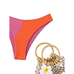 SOLY HUX Women's Sexy Bikini Set Color Block Ring Linked Bathing Suits 2 Piece Swimsuit Orange and Pink S