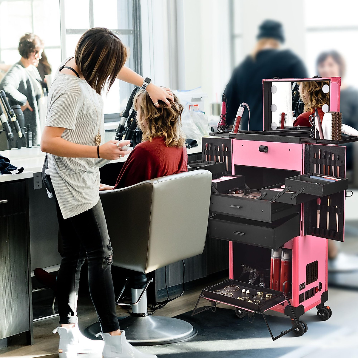 Pink Rolling Makeup Case with Mirror Light Pro Large Cosmetic Artists Hair Stylist Barber Organized Trolley Lockable