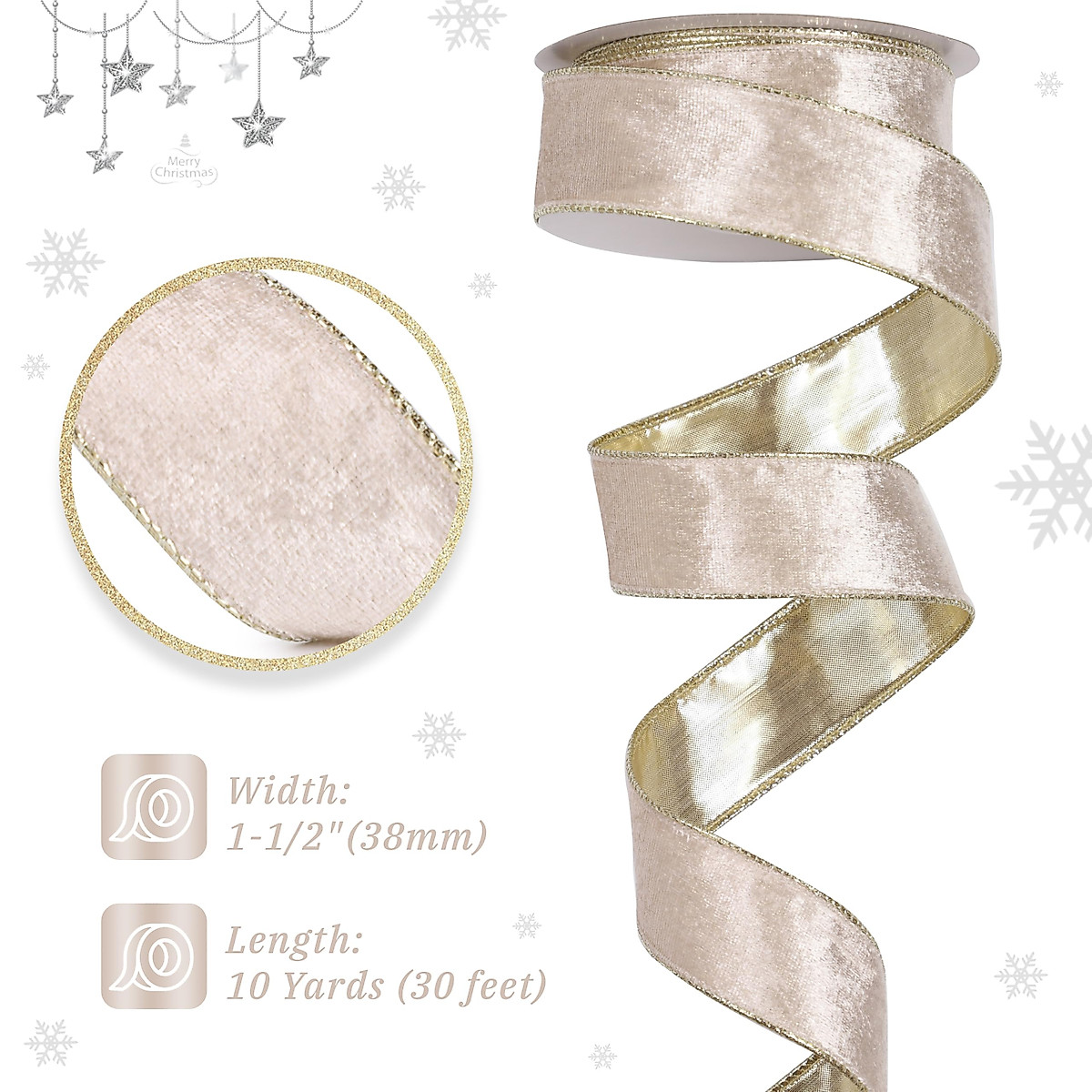 DINDOSAL Champagne Gold Velvet Ribbon Wired 1.5" x 10 Yards Champagne Christmas Wired Ribbon with Gold Back Tree Ribbon for Wreaths and Garlands, Topper Bows, Crafts, Home Decor, Gift Wrapping