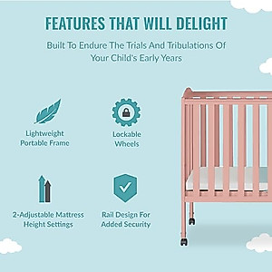 Dream On Me 2-in-1 Portable Folding Stationary Side Crib in Dusty Pink, Greenguard Gold Certified, Two Adjustable Mattress Height Positions,Made of Solid Pinewood, Flat Folding Crib